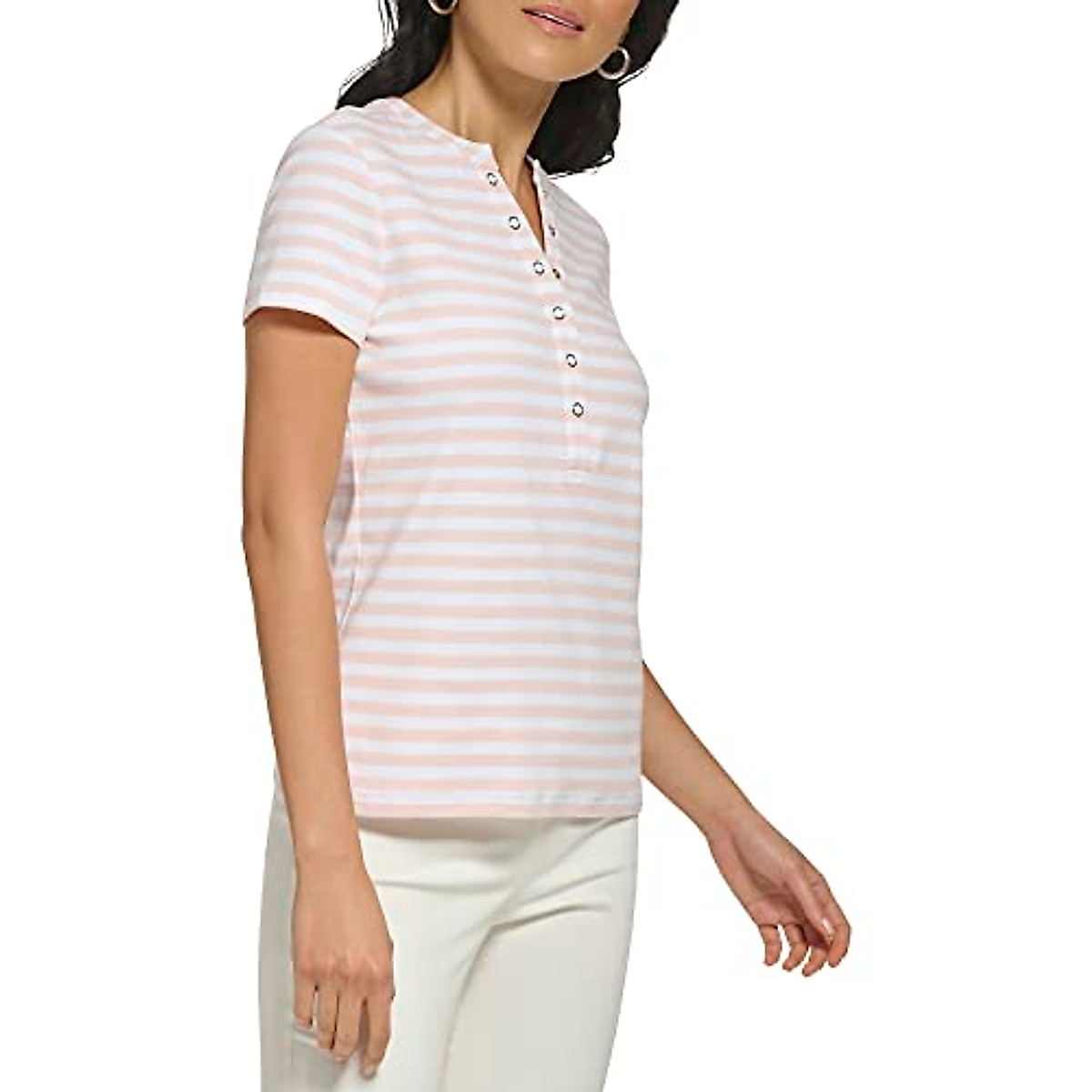 Calvin Klein Women's Comfortable Snap Detail Crew Neck Striped Short Sleeve, Petal/White