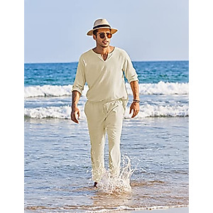 COOFANDY Men's 2 Pieces Cotton Linen Set Henley Shirt Long Sleeve and Casual Beach Pants Summer Yoga Outfits