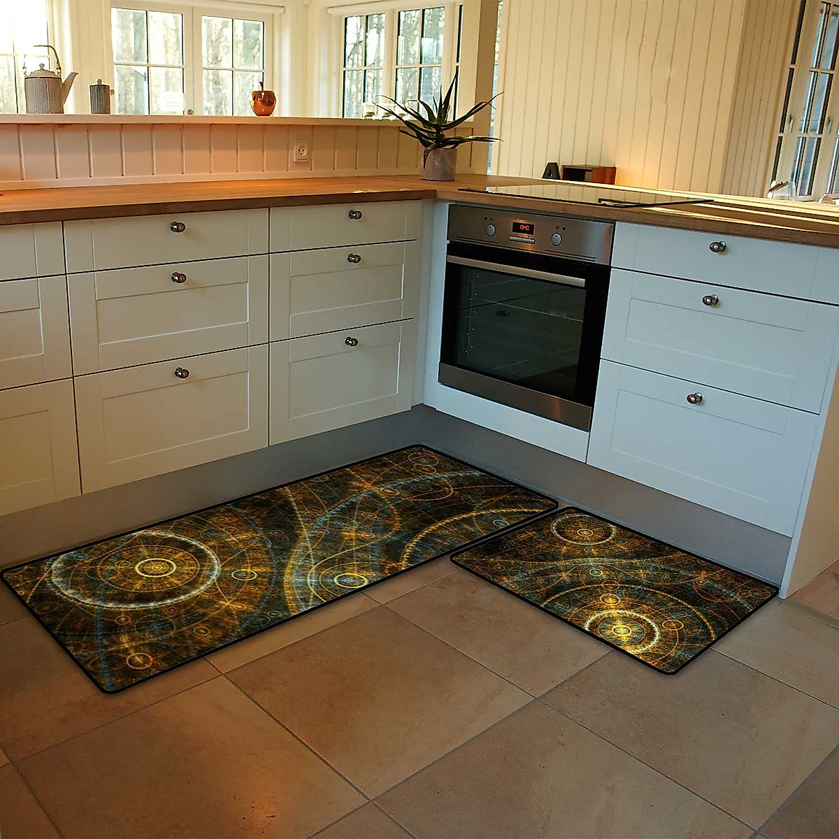 Kitchen Rugs and Mats Set of 2 Pieces Anti Fatigue Standing Mat Golden Mechanical Compass Steampunk Non Slip Washable Comfort Flooring Carpet Runner for Kitchen Home