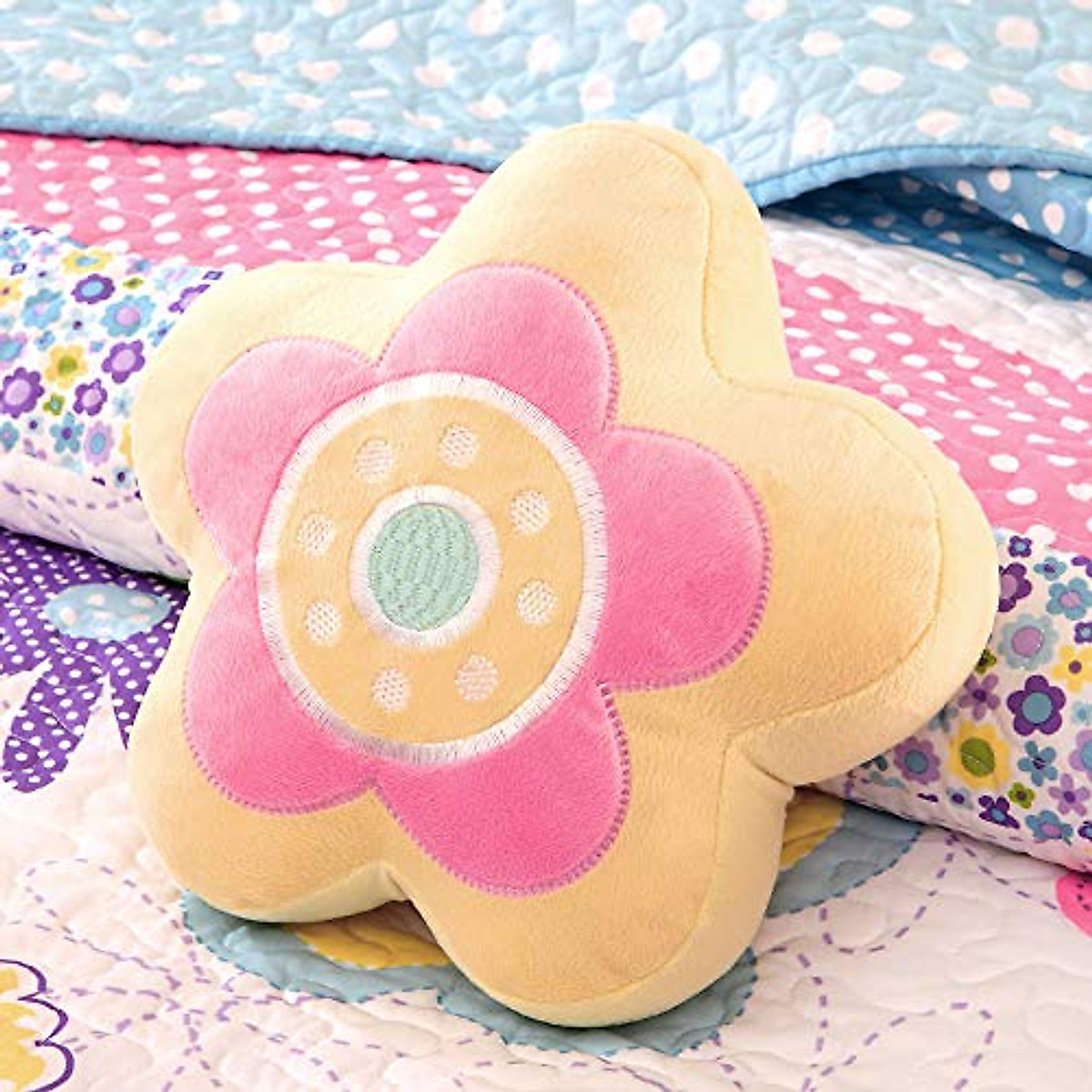 Mi Zone Kids Crazy Daisy Bedding For Girls Quilt Set - Sky Blue, Pink , Flowers, Butterfly – Kids Girls Quilts – Ultra Soft Microfiber Quilt Sets Coverlet, Full/Queen 4Piece