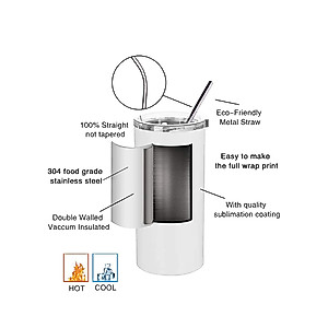 PYD Life Sublimation Blanks Tumbler Skinny Slim 12 OZ Straight Stainless Steel Can Cooler Insulater with 2 Lids and Metal Straw Sublimation Mugs Cups 4 Pack