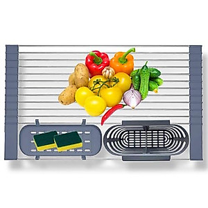 Extra Large Expandable Roll Up Dish Drying Rack with 2 Storage Baskets Foldable Sink Rack Over Sink Dryer Rack with Utensil Holder for Kitchen Counter 304 Stainless Steel Dish Drainer - 22.8"x12.7"