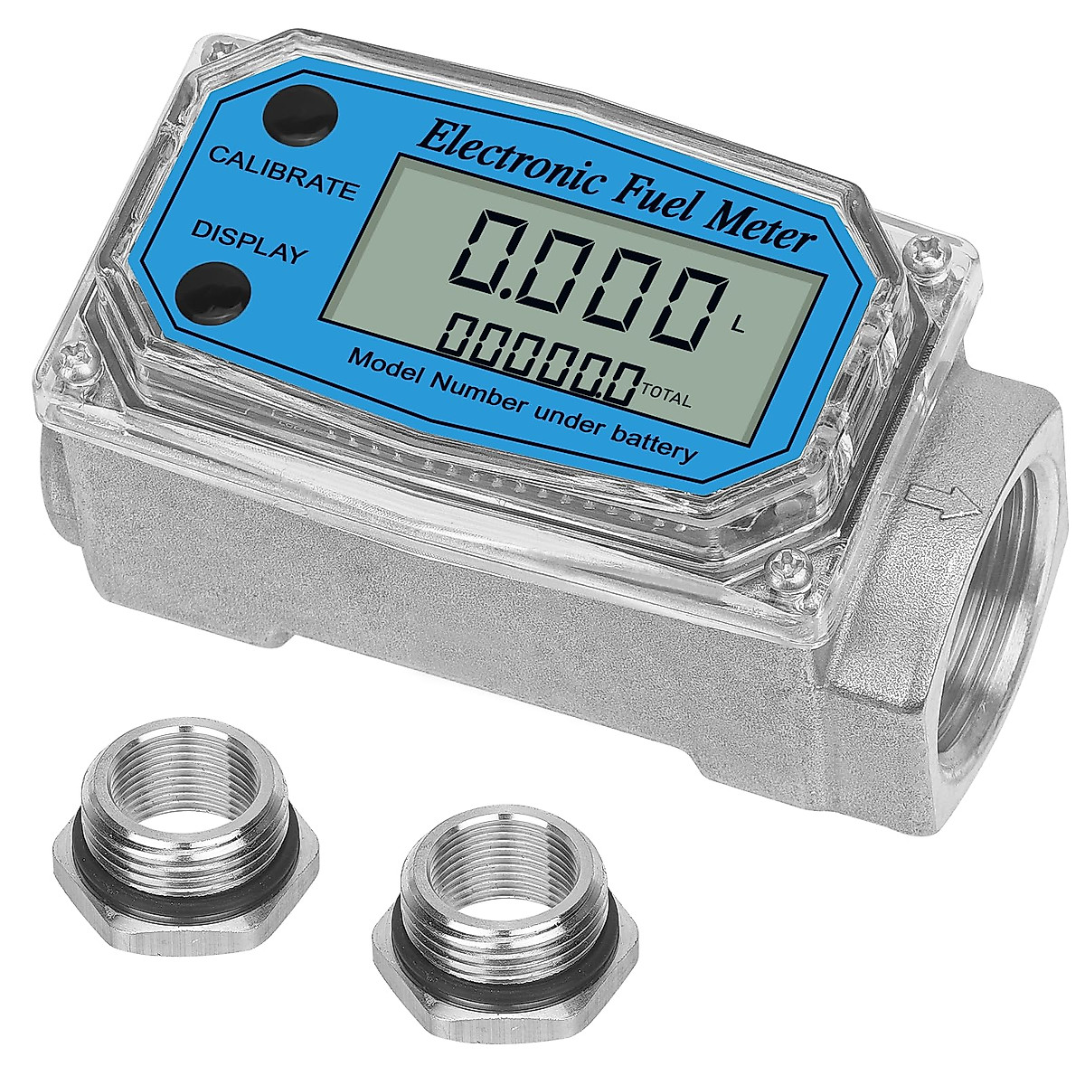 UwinVwin 1" 2.6-26 GPM Inline NPT Thread Flowmeter, Digital Turbine Fuel Flow Meter, for Water, Diesel, Gas Oil, Gasoline, and Other Liquids - Supports Gallon, QTS, PTS, L, m³ with 3/4 in Adapters