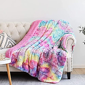NEWCOSPLAY Super Soft Faux Fur Throw Blanket Premium Sherpa Backing Warm and Cozy Throw Decorative for Bedroom Sofa Floor (Dark Rainbow, Throw(50"x60"))
