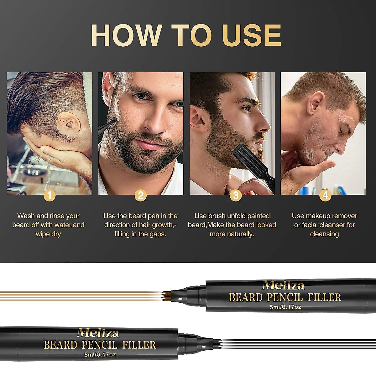 Beard Pencil Filler,Meliza Beard Pen,Waterproof Proof & Sweat Proof,Beard Pencil Filler for Men Long Lasting Coverage Natural Finish Beard Pencil (Black)