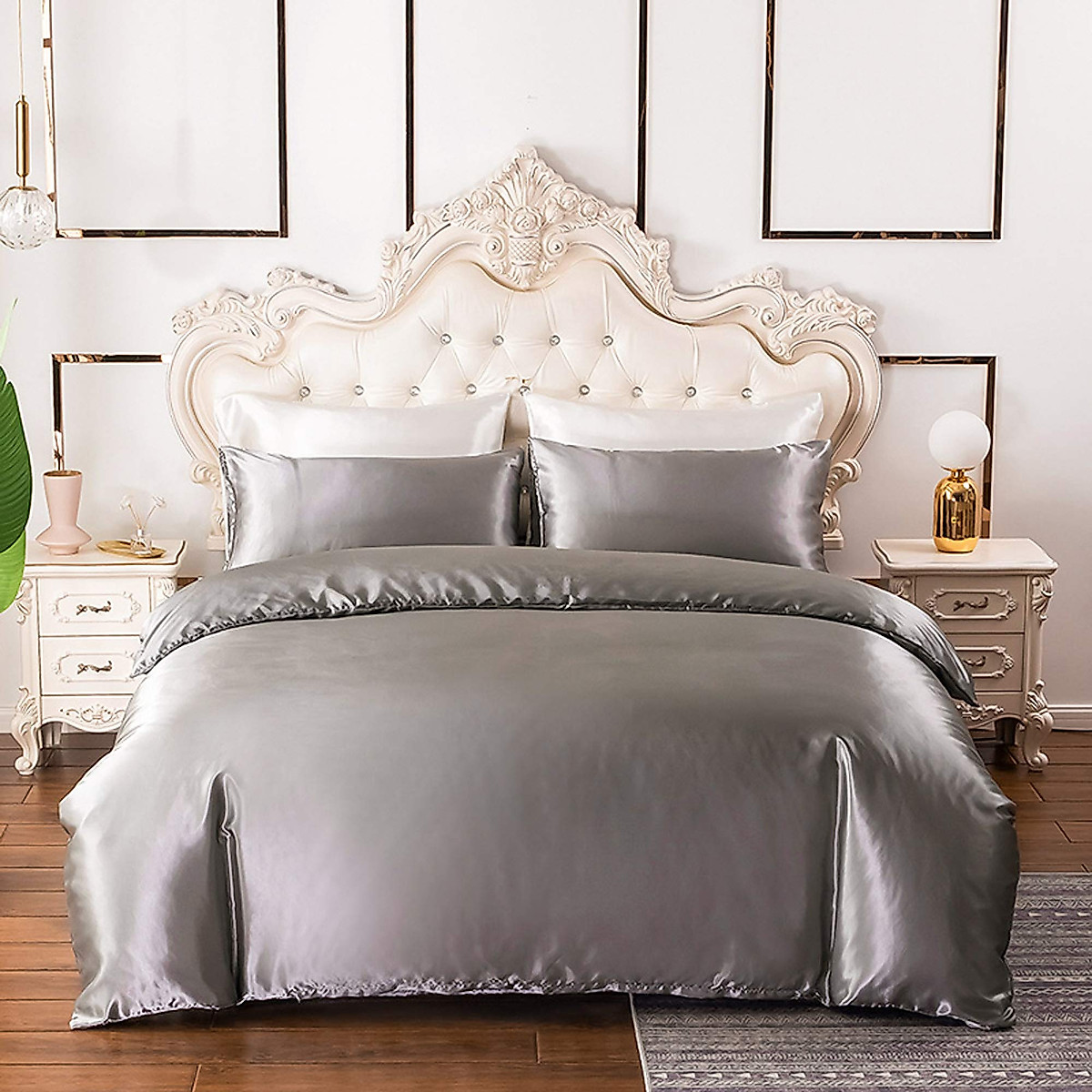 Vagasi Grey Duvet Cover Set Queen Size 3 Pieces - Comforter Cover Super Soft with 2 Pillow Shams - Satin Bedding Set Breathable & Smooth with Zipper Closure