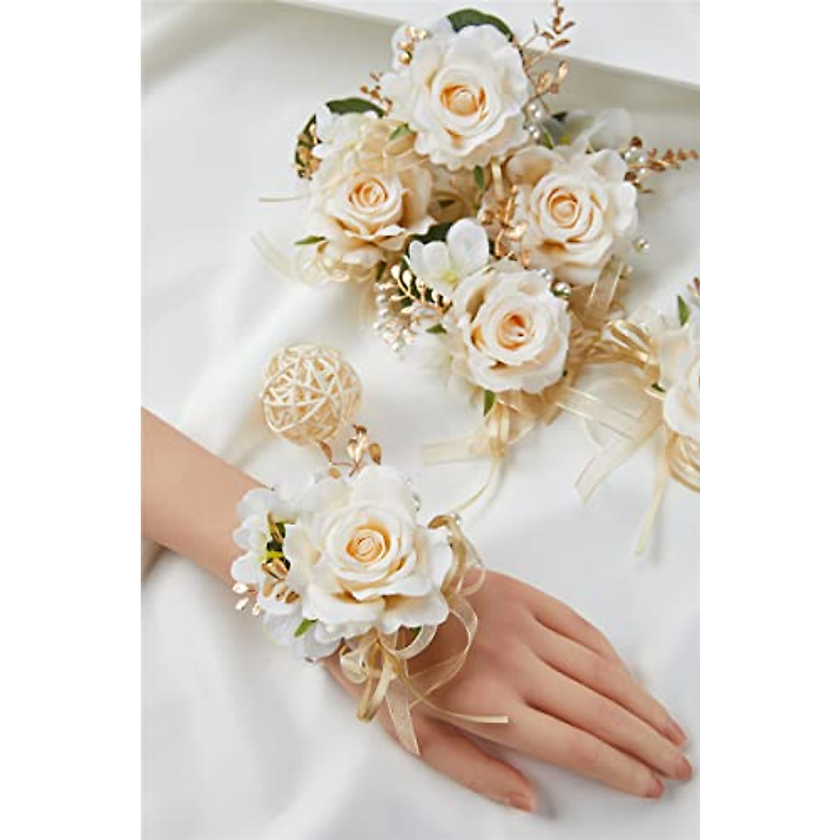 Meldel Champagne Prom Flower Wrist Corsage for Wedding, Set of 6, Rose Wrist Flower for Mother of Bride and Groom , Bride Bridesmaid Girl Women Party, Homecoming Ceremony Anniversary