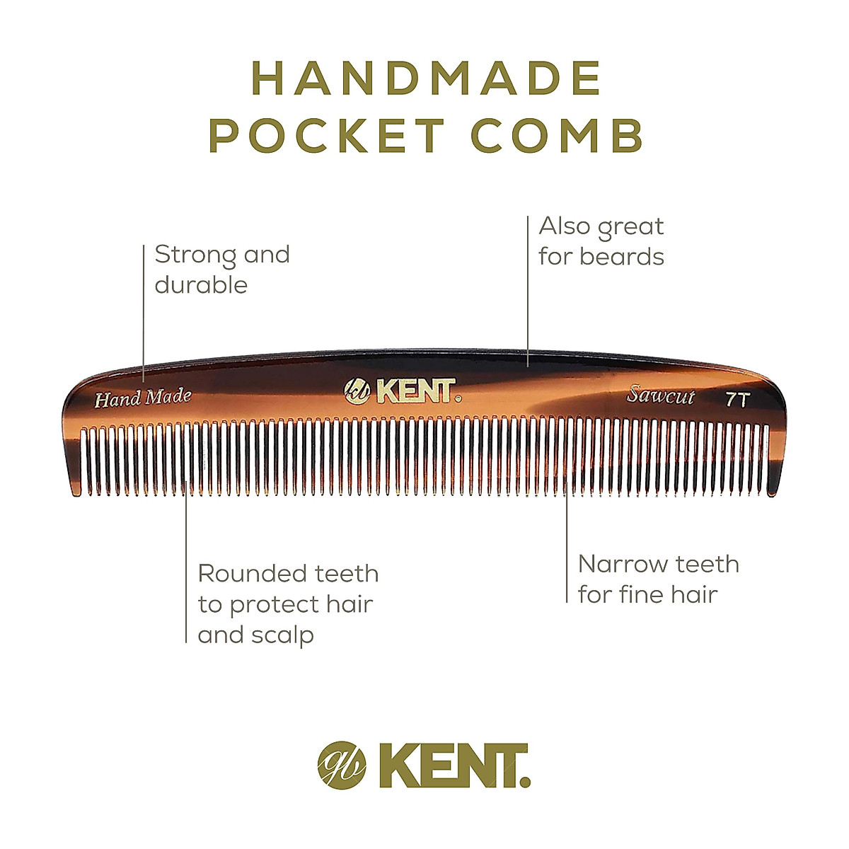 Kent 7T Handmade All Fine Tooth Pocket Comb for Men, Hair Comb Straightener for Everyday Grooming Styling Hair, Mustache and Beard, Use Dry or with Balms, Saw Cut and Hand Polished, Made in England