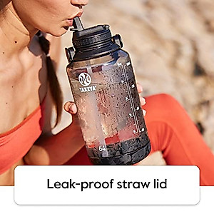 Takeya 64 oz Motivational Water Bottle with Straw Lid with Time Marker, Half Gallon, Premium Quality BPA Free Tritan Plastic, Stormy Black