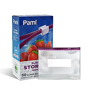 PAMI Food Storage Slider Quart Bags [50 Pieces] - Leakproof Freshness-Lock Bags With Expandable Bottom- Food-Safe Slider Zipper Bags With Write On Label- Thick & Reusable Sandwich Bags