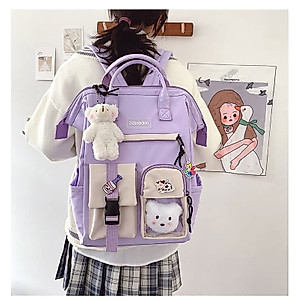 HIDRUO Kawaii Aesthetic Backpack with Cute Accessories Large Capacity Multi-pocket Girl School Bag Rucksack (Purple)