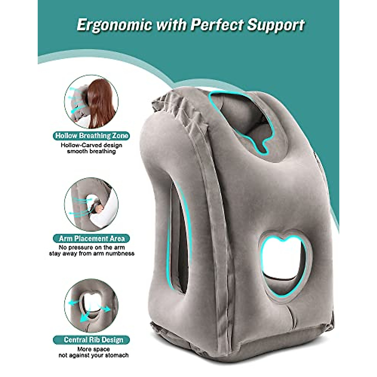 JefDiee Inflatable Travel Pillow, Airplane Neck Pillow Comfortably Supports Head and Chin for Airplanes, Trains, Cars and Office Napping with 3D Eye Mask, Earplugs and Portable Drawstring Bag (Grey)