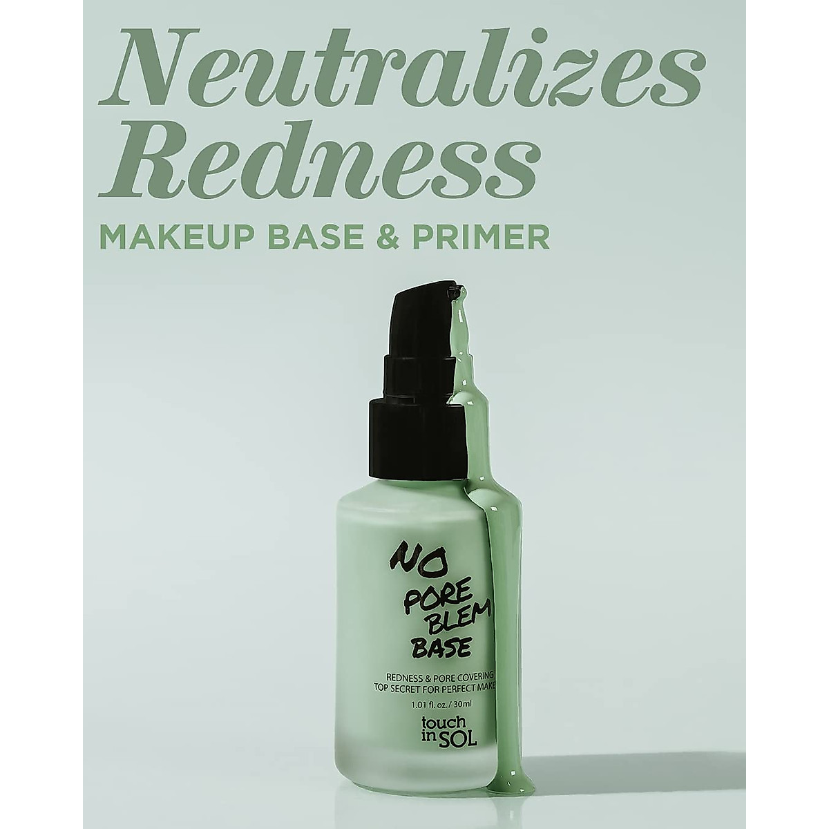 TOUCH IN SOL Redness Correcting Base Primer 1.01 fl.oz. - Pore Minimizing Green Toned Makeup Base - Tone Neutralizing before Foundation - Minimize Rosacea, Redness - No Pore Blem Primer Base