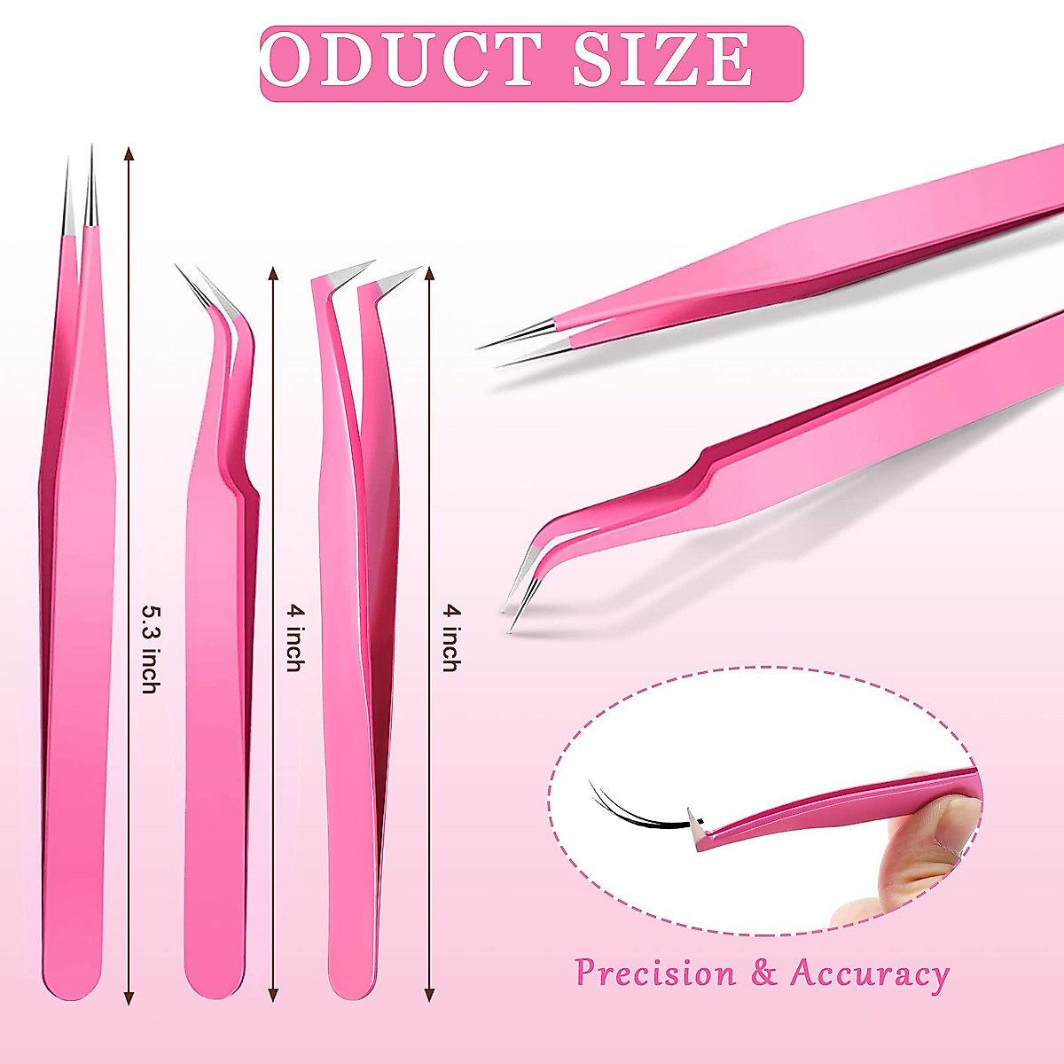 6-Pack Eyelash Extension Tweezers, Stainless Steel Straight Curved Tip Tweezers Single Eyelash False Eyelash Application Tools(Pink)