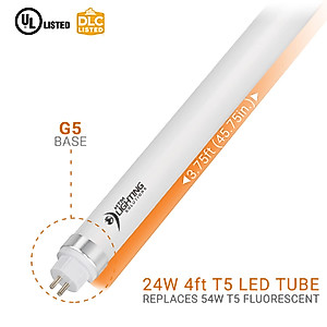 4ft 24W T5 High Output LED Tube Light, 45.75", F54T5 Equal, 5000K (Cool White), Frosted Lens, 3500 lm, G5 Mini Base, 100-277V, Ballast Bypass, Dual-End Powered, LED Shop Light, UL-Listed (24-Pack)