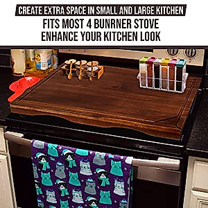 Cucina Green 30 Inches Noodle Board Stove Cover & Cutting Board - Large Acacia Wood Chopping Board with Juice Groove Adjustable Non Slip Rubberized Legs - Multi-Purpose Carving Board & Serving Tray