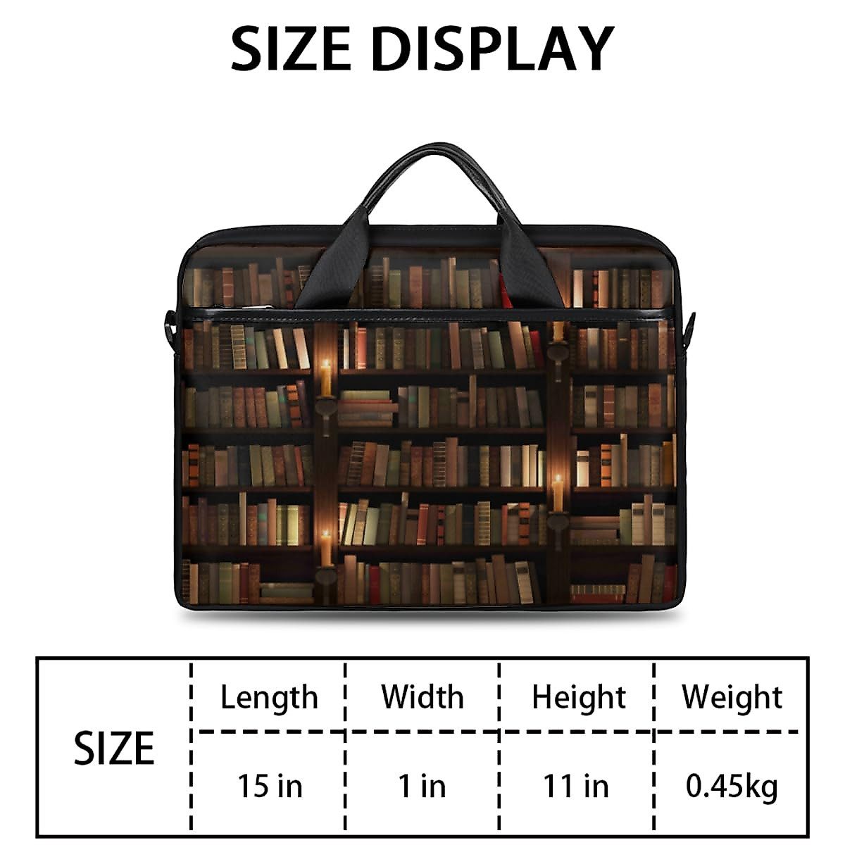 Vintage Bookshelf Laptop Computer Bag Waterproof Shoulder Messenger Bag 13-15 inch Durable Laptop Tote Bag with Shoulder Strap Handle Lightweight Crossbody Briefcase