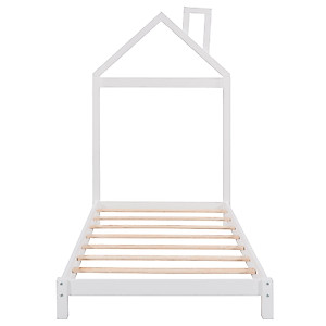 Twin Size House Platform Bed Frame Mattress Foundation with Headboard/No Box Spring Needed/Easy Assembly, White