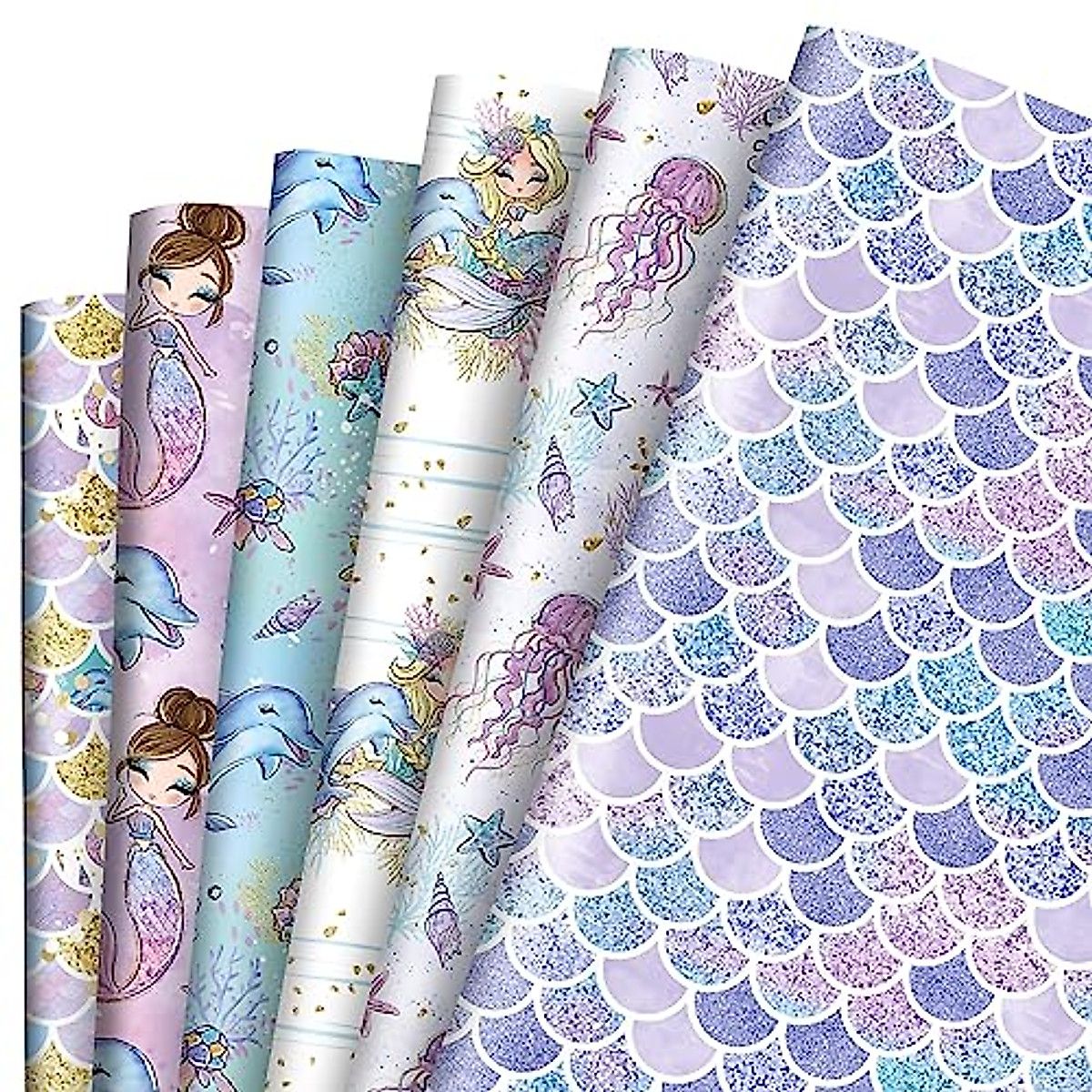 AnyDesign 12 Sheet Mermaid Wrapping Paper Purple Blue Mermaid Dolphin Jellyfish Gift Wrap Paper Bulk 6 Design Mermaid Art Paper for Birthday Baby Shower Birthday DIY Crafts Gift Packing, Folded Flat