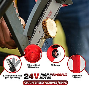 AUGKLE Mini Chainsaw Cordless 6' Electric Prunning Kit with 2Pack Upgraded 24V Battery Quick Charger for 2H+ Use & 2 Chains, Portable Garden Bush Branch Pruning Wood Cutting, Red