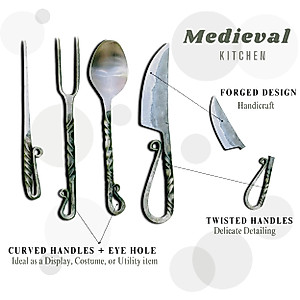 Hand Forged Medieval Eating Utensils Set with Leather Cover - 4 PCS Viking Cutlery Set Fork Spoon and Knife Set - Medieval Feasting Silverware and Flatware Set