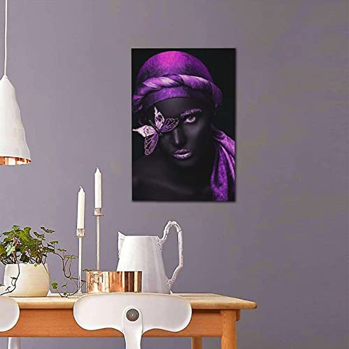 Siufgak Black Women Canvas Wall Art African American Purple Turban Butterfly Poster Black Art Fashion Contemporary Artwork For Living Room Bedroom (16"X24" Unframed)