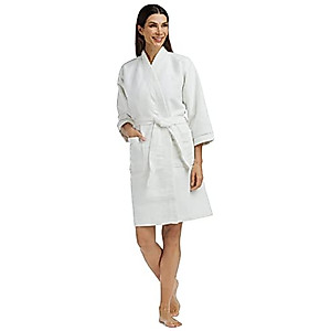 Fishers Finery Women's Cotton Modal Waffle Kimono Resort Spa Robe; Absorbent Above Knee Length Bathrobe with Pockets; Lounge and Sleepwear Essentials (White, XS)
