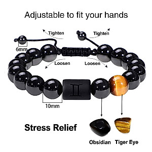 Zodiac Bracelet for Men Women 10mm Natural Black Onyx Stone Star Sign Constellation Horoscope Bracelet Gifts (Gemini)
