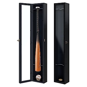 ILOT Baseball Bat Display Case Solid Wood Frame Ball Holder Stand Showcase Display Cabinet with UV Protected Acrylic Wall Mounted Shadow Box Vertical and Horizontal
