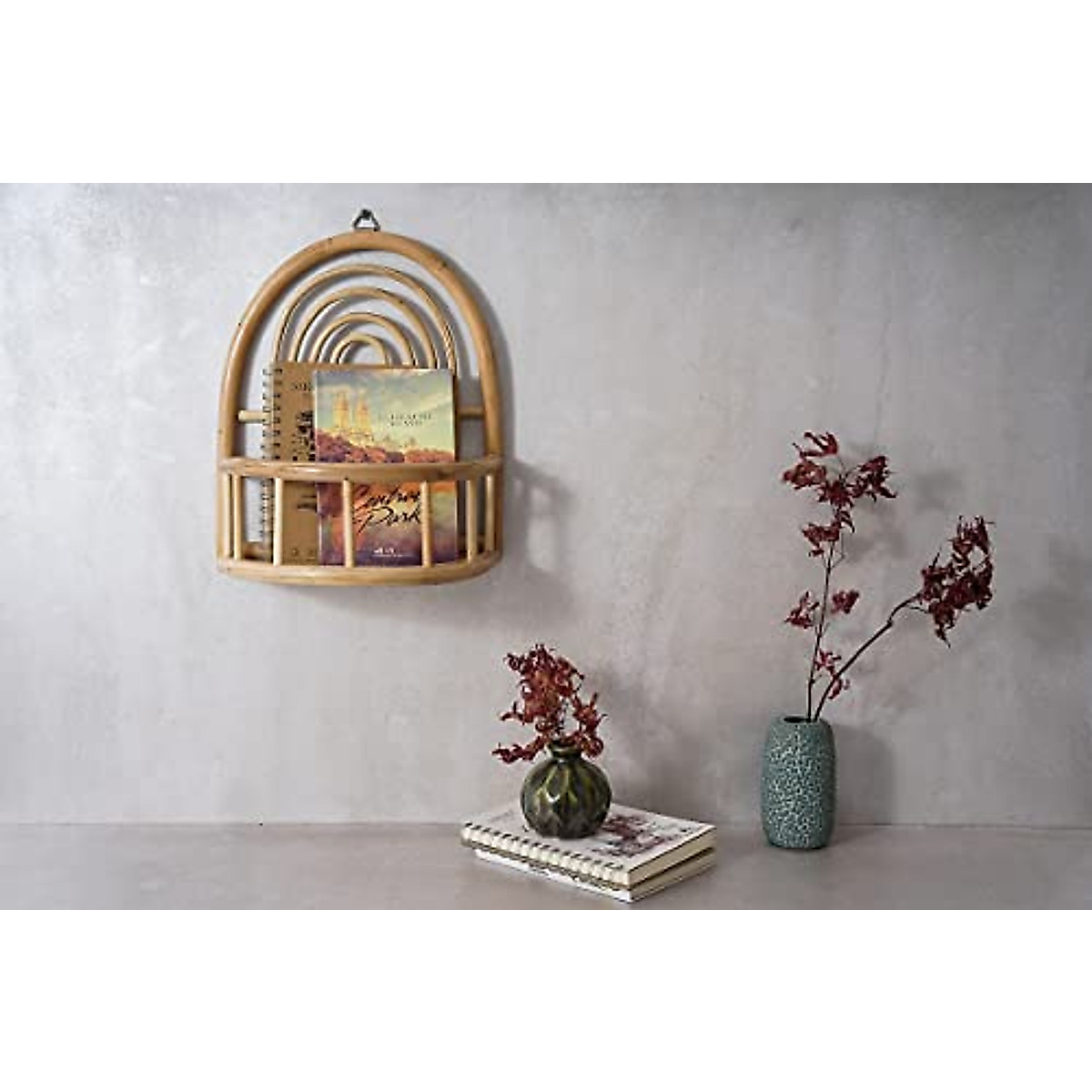 B BEMIAO CRAFTS Rattan Wall Shelf, Wall Mounted Rattan Shelf, Floating Shelf, Hanging Storage Organizer, Boho Shelf Decor for Kitchen, Bathroom, Nursery, 13.77"x 11.81" x 3.93", Small