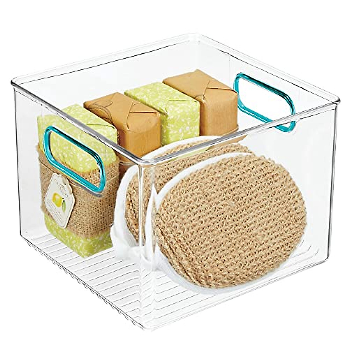 mDesign Plastic Storage Bin with Handles for Organizing Hand Soaps, Body Wash, Shampoos, Lotion, Conditioners, Hand Towels, Hair Accessories, Body Spray, Mouthwash - 8" Square, 4 Pack - Clear/Blue