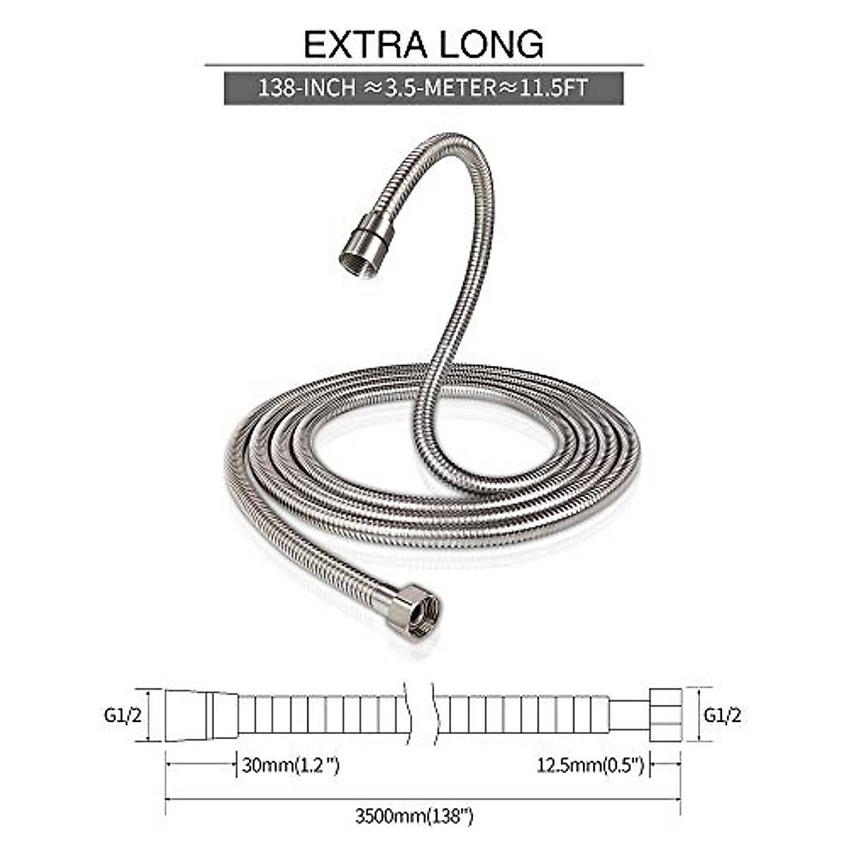 PHASAT Shower Hose,138 Inches Extra Long Shower Hose Replacement,304 Stainless Steel Shower Head Hose Extension Brushed Nickel,A3107N-3.5