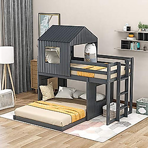 LCH Bunk Bed,Wooden Twin Over Full Bunk Bed for Bedroom,Guest Room and Dorm,Loft Bed with Playhouse,Farmhouse,Ladder and Guardrails for Kids,Teens,Boys and Girls,No Box Spring Needed,Gray