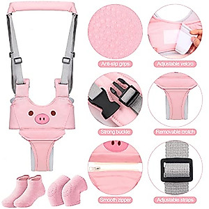 Baby Walking Harness Breathable Handheld Baby Walker Assistant Belt Adjustable Toddler Walking Assistant with 4 Pairs Non-Slip Toddler Socks Grips 4 Pairs Baby Knee Pads for Crawling, 7-24 Months