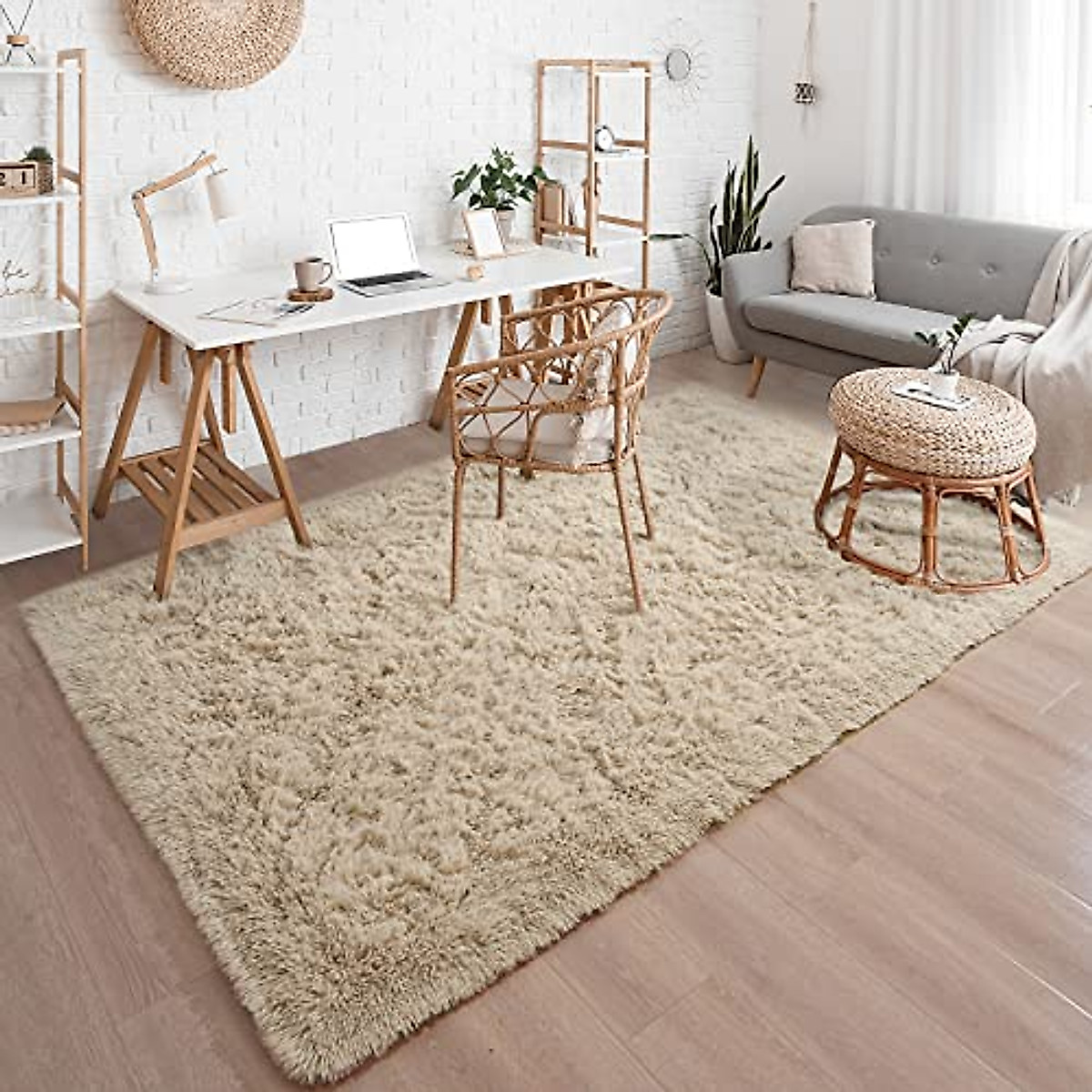 Wellber Modern Soft Shag Rugs, 3x5 Feet Beige Fluffy Home Decorative Carpets for Bedroom, Rectangle Durable Fuzzy Area Rug for Living Room Dorm Nursery, Plush Floor Shaggy Fur Throw Rug