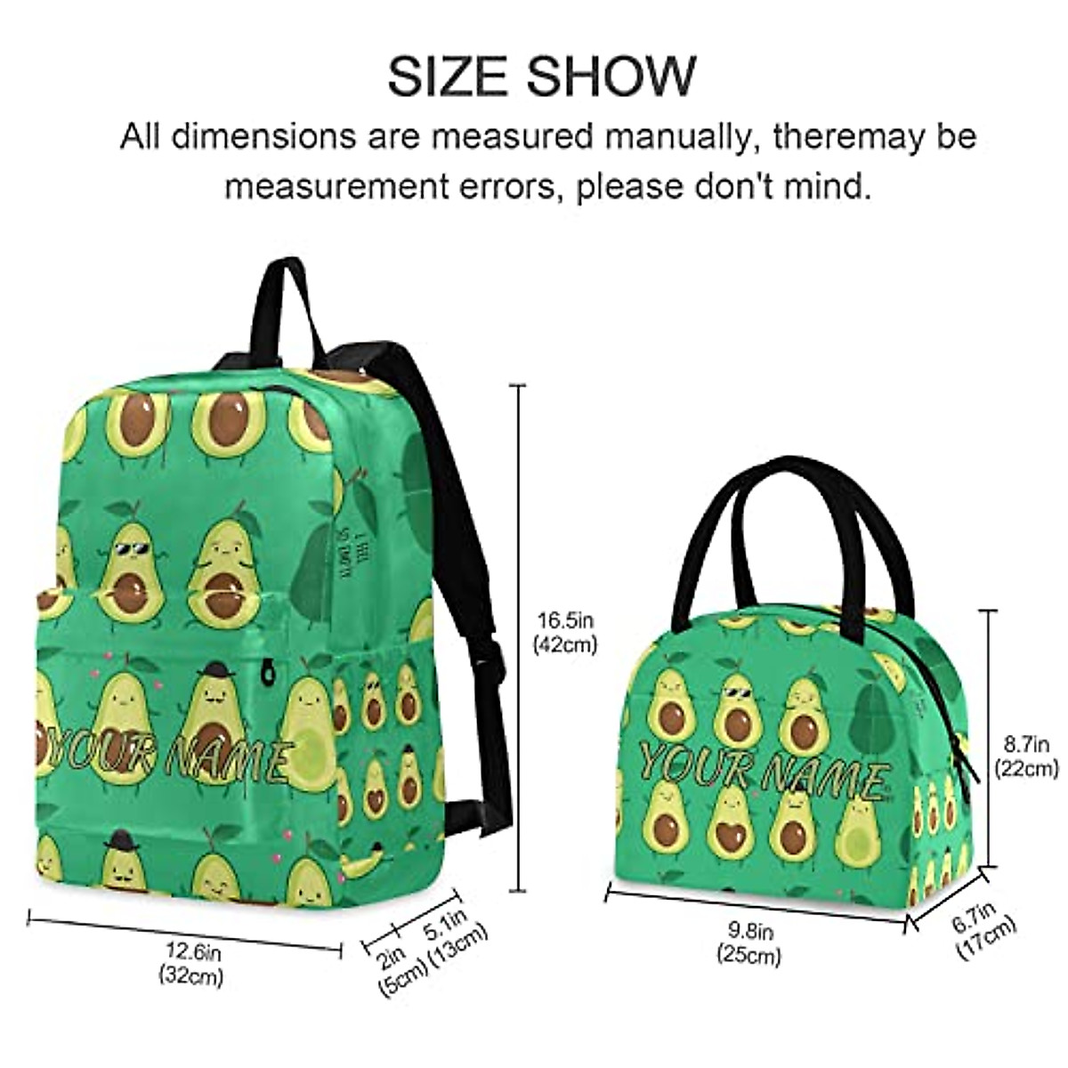 MCHIVER Cute Avocados Personalized School Backpack with Lunch Box Custom Backpack for Boys Girls Casual Bookbags Set for Travel Work Camping