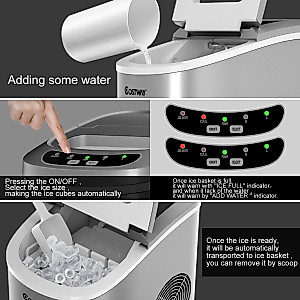 COSTWAY Countertop Ice Maker, 26LBS/24H Portable and Compact Ice Maker Machine, Ice Cubes Ready in 6 Mins, Electric High Efficiency Small Ice Maker with Ice Scoop for Home Kitchen Office, Silver