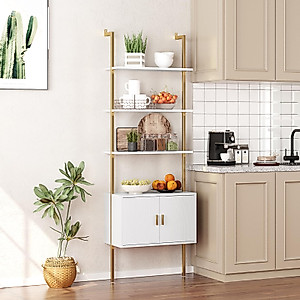 Gadroad 73" Tall Bookshef with Cabinet, Wall Mounted Industrial Ladder Bookcase with Wood and Metal Frame, 5 Tier Plant Shelf Display Storage Shelves for Living Room Bedroom, White Gold