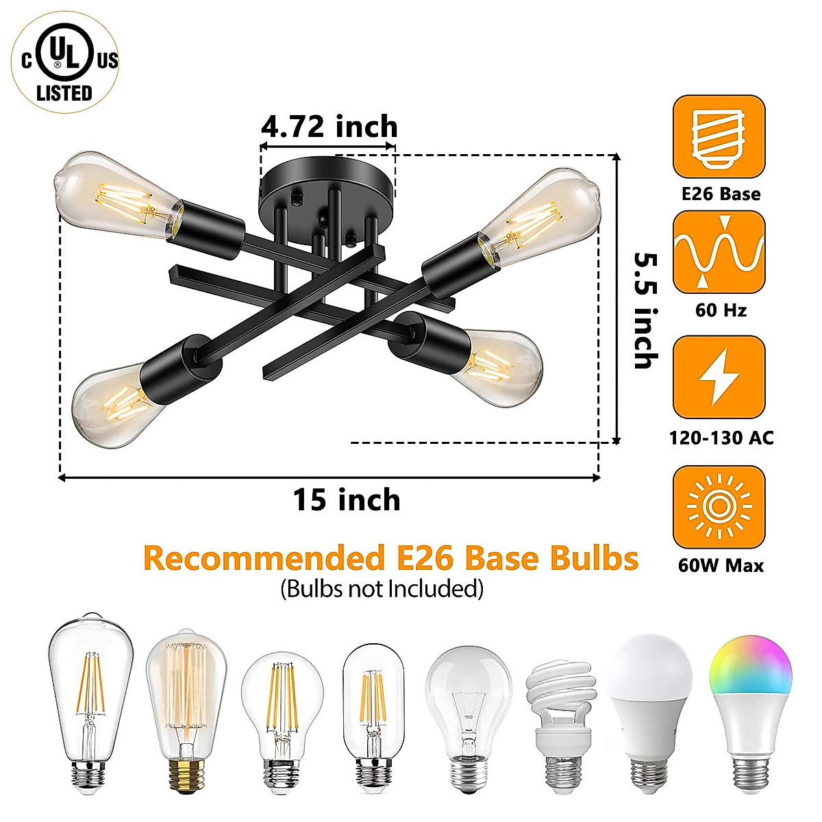 Lomoky Industrial 4-Light Semi Flush Mount Ceiling Light Fixture, Modern Black Close to Ceiling Light, Farmhouse Chandelier Ceiling Lamp for Hallway Kitchen Bedroom Living Room (2 Pack)