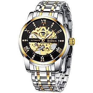 BIDEN Mens Watches Gold Mechanical Automatic Self-Winding Stainless Steel Skeleton Luxury Waterproof Diamond Dial Wrist Watches for Men