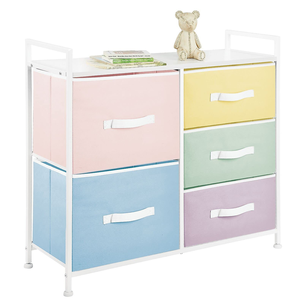 mDesign 30.3" High Steel Frame/Wood Top Storage Dresser Furniture, 5 Fabric Drawers, Tall Bureau Organizer for Baby, Kid, Teen Bedroom, Nursery, Playroom, Dorm, Jane Collection, Bright Multi/White