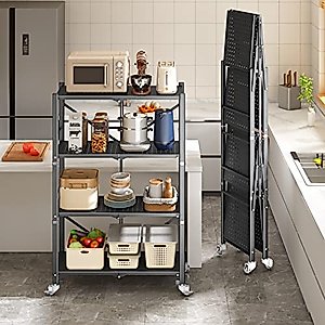 4-Tier Rolling Cart, HERJOY Folding Collapsible Utility Cart, Storage Shelves Trolley Service Cart with Rotational Wheels for Kitchen, Bathroom, Living Room and Office, Grey