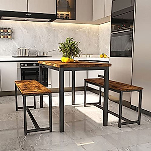AWQM Dining Table Set with Two Benches, Kitchen Table Set for 4-6 Persons, Kitchen Table of 43.4 x 23.7 x 28.6 Inches, Bench of 38.6 x 11.9 x 17.6 Inches Each, Rustic Brown and Black