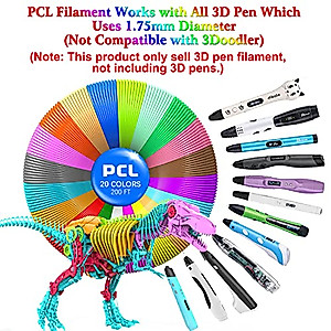 3D Printing Pen PCL Filament Refills 1.75mm, Pack of 20 Colors, Low Melting Temp of 70℃, High-Precision Diameter, Non-Toxic Non-Clogging(200 FT)（not Included 3D Pen）