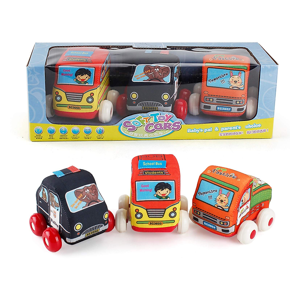 Atralo Service Cartoon Soft Cloth Toy Car Set 3PCS Includes School Bus Police car Crazing Truck Fabric Toy Scooter Early Education Toys Activity Cloth Car for Baby Toddler Kids