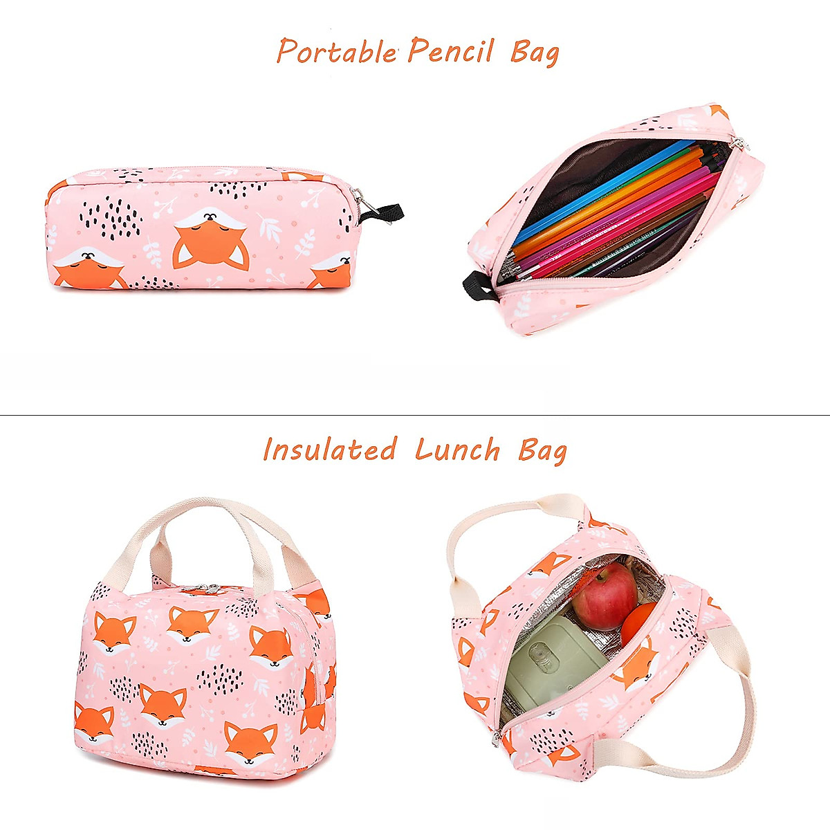 Girls Backpacks, Fox Backpack for Girls, Kids Fox School Bookbag Set with Lunch Box and Pencil Case