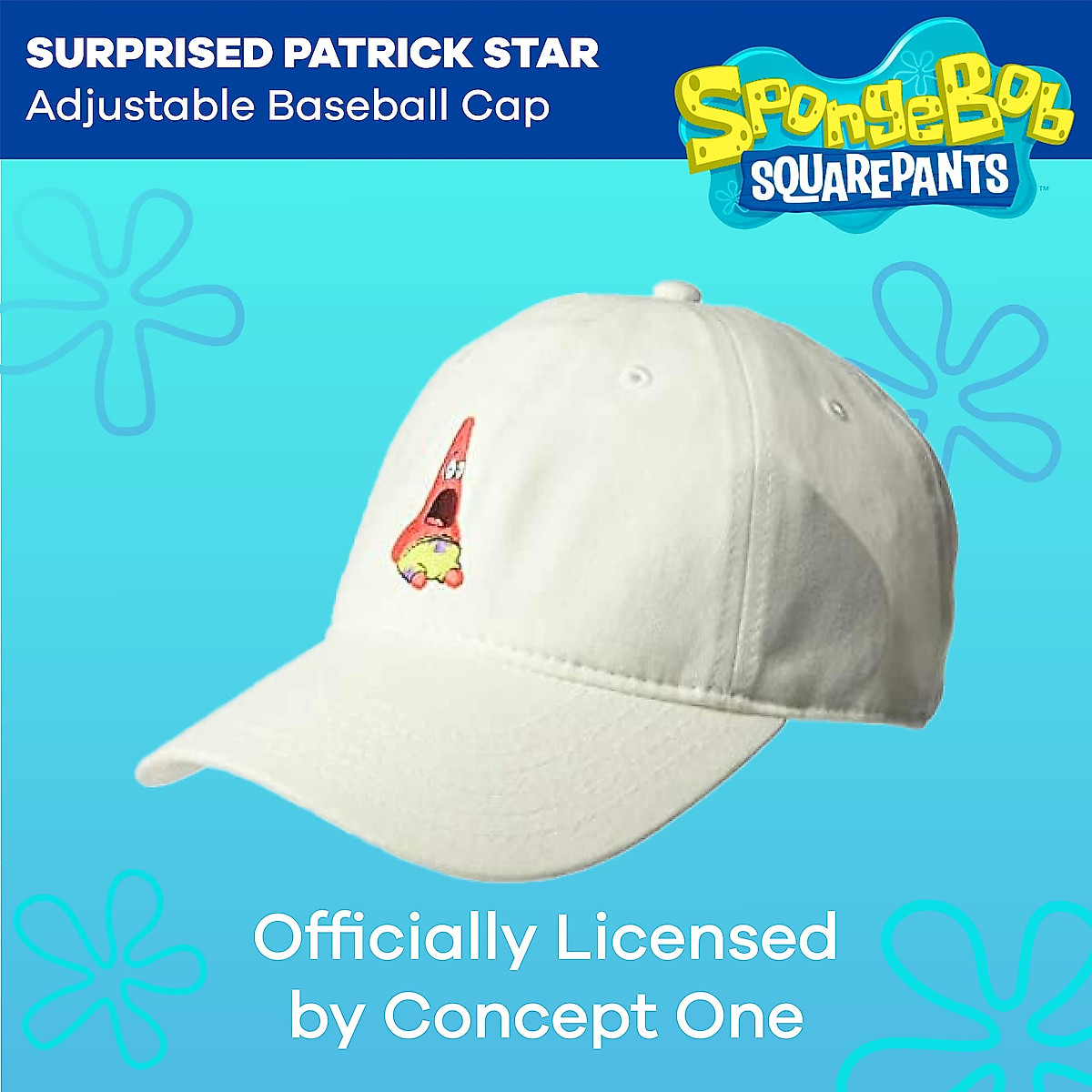 Spongebob Squarepants Dad Hat, Patrick Star Cotton Adult Baseball Cap with Curved Brim, White, One Size