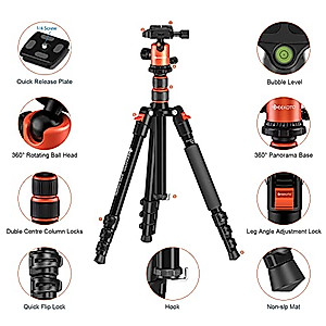 GEEKOTO 58” DSLR Tripod, Compact Aluminum Alloy Lightweight Camera Tripod with 360 Degree Panorama Ball Head, Professional Camera Tripod for Travelling, Learning and Working