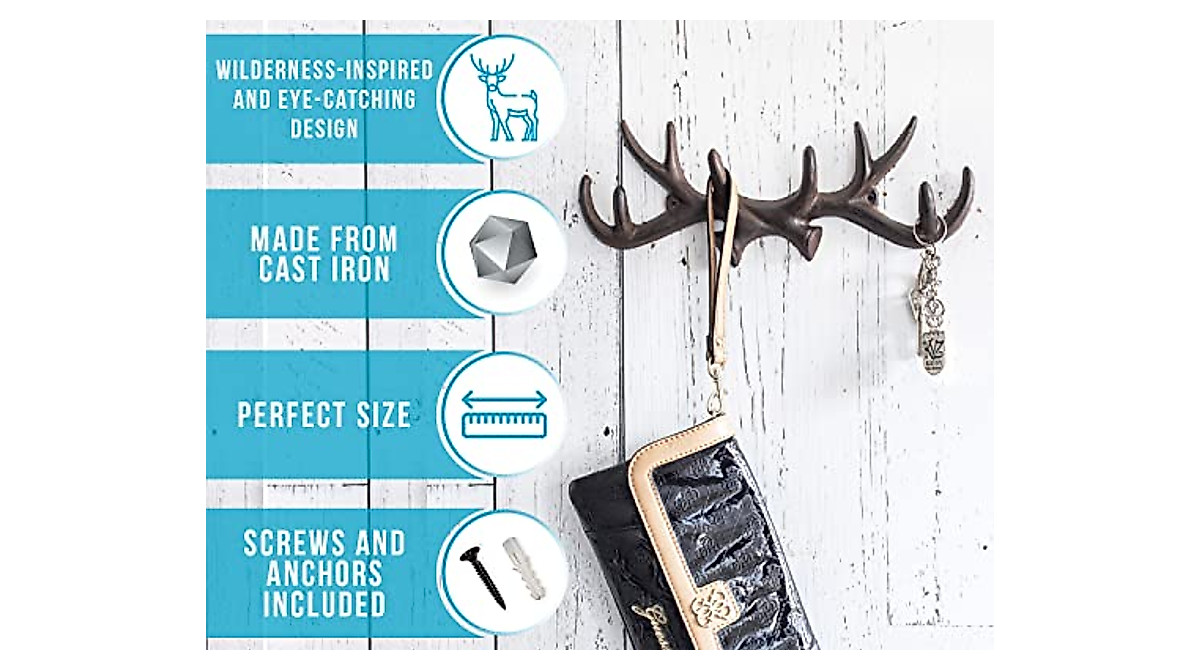 Vintage Cast Iron Deer Antlers Wall Hooks - Rustic Decor