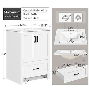 Yaheetech 24.5" Bathroom Vanity with Ceramic Sink, Bathroom Vanity Sink Cabinet with 2 Doors and 1 Drawer, Bathroom Vanities Floor Standing with Sink Combo Set, White